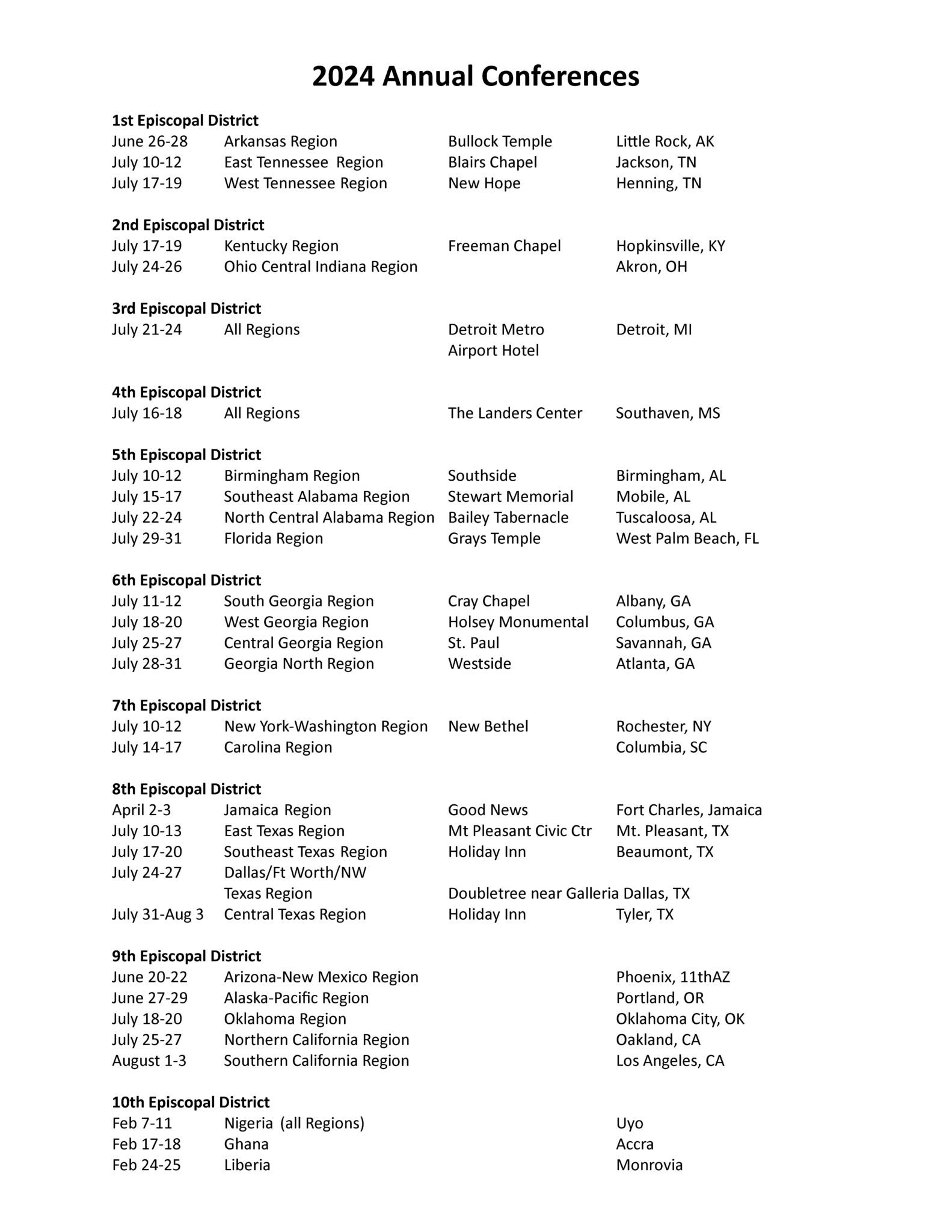 Connectional Calendar - The CME Church Official Website